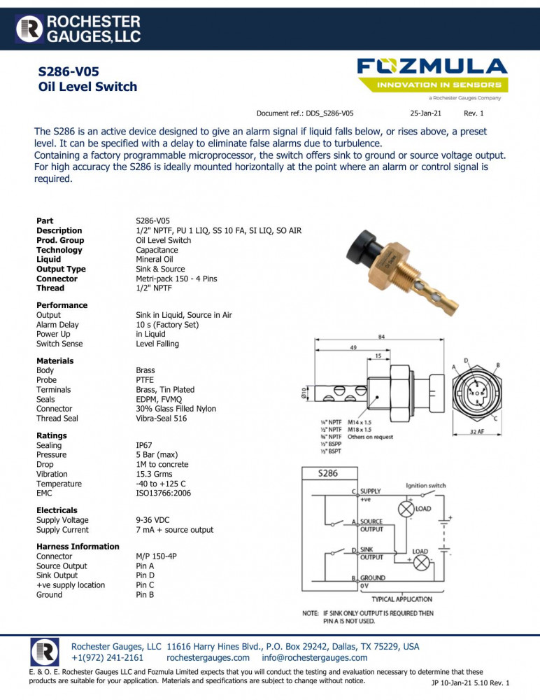 S286-V05 oil level switch technical document