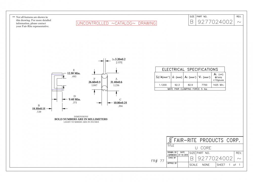 Fair-Rite 9277024002 U Core technical drawing