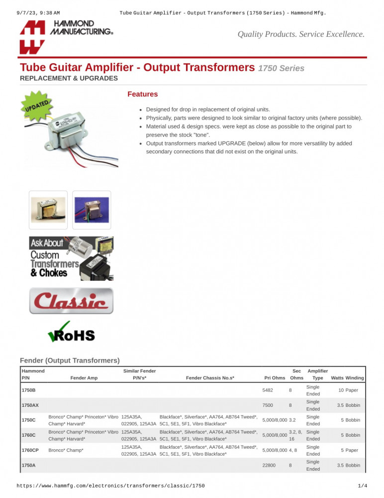 Hammond 1750 Series technical document page 1