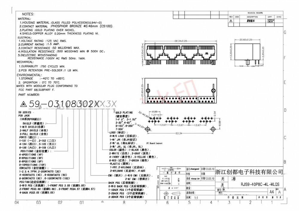 CAX RJ59-10P8C-4L-WLQS technical document preview