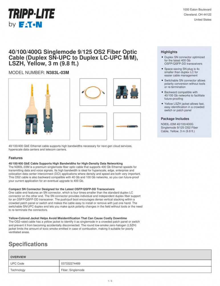 EATON N383L-03M technical document page 1