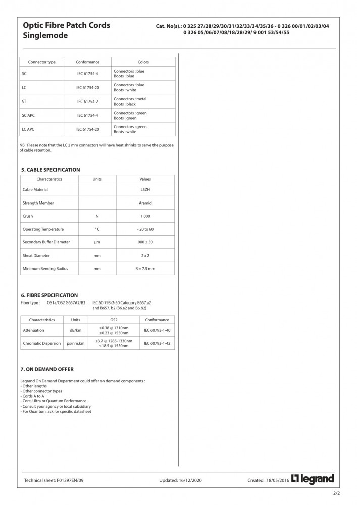 Legrand singlemode fibre patch cords datasheet page 2