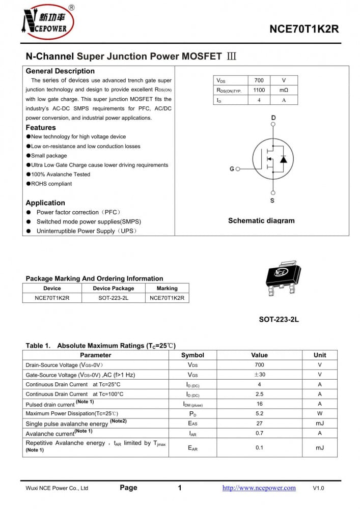 NCE70T1K2R datasheet page 1