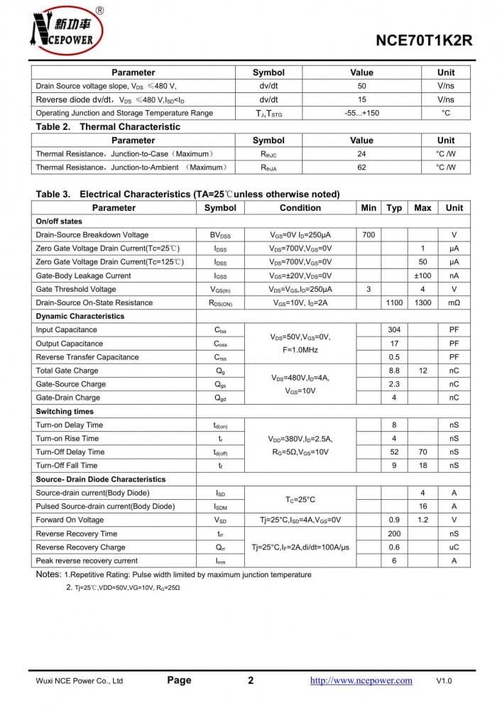 NCE70T1K2R datasheet page 2