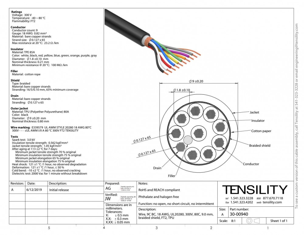 Tensility International 30-00940 cable product drawing