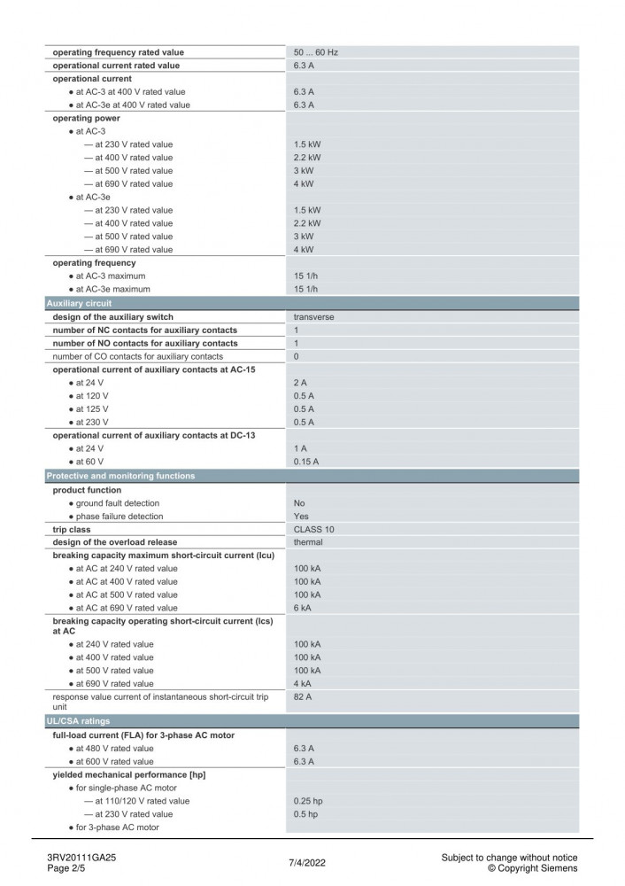 3RV20111GA25 technical document page 2