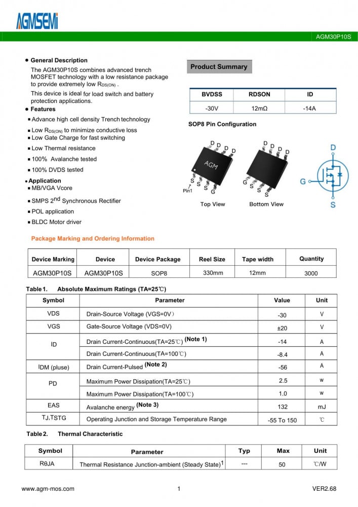 AGM30P10S datasheet page 1