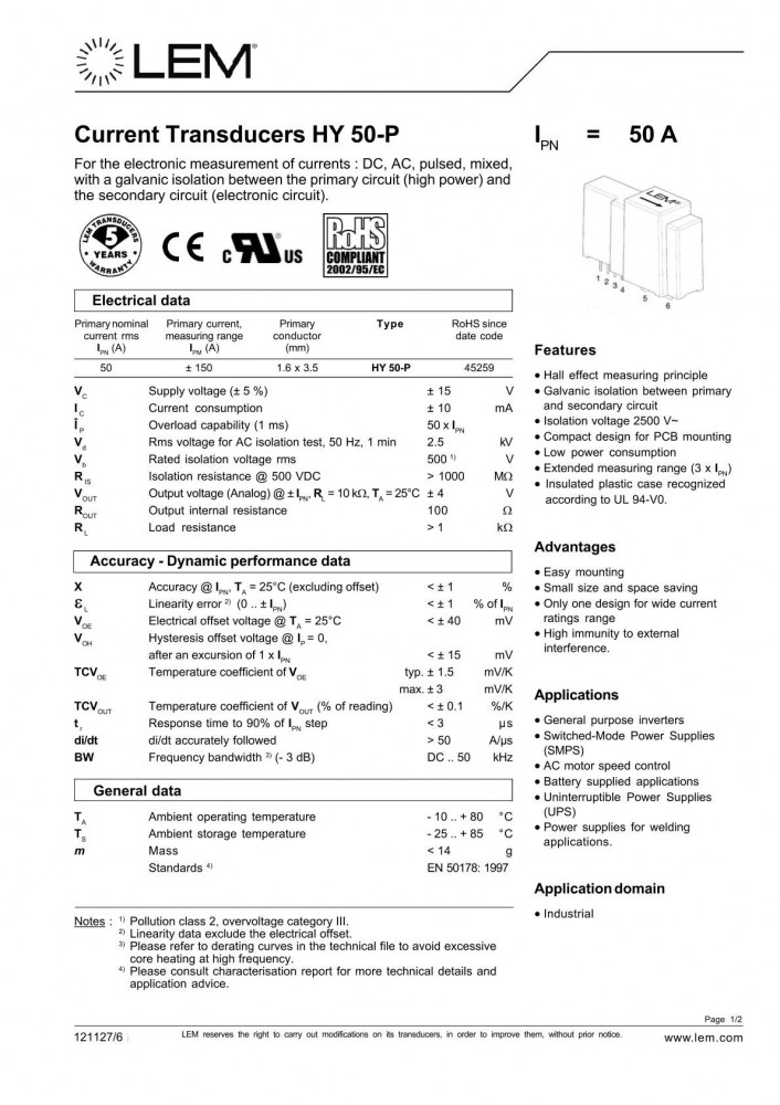 LEM HY 50-P technical documentation page 1