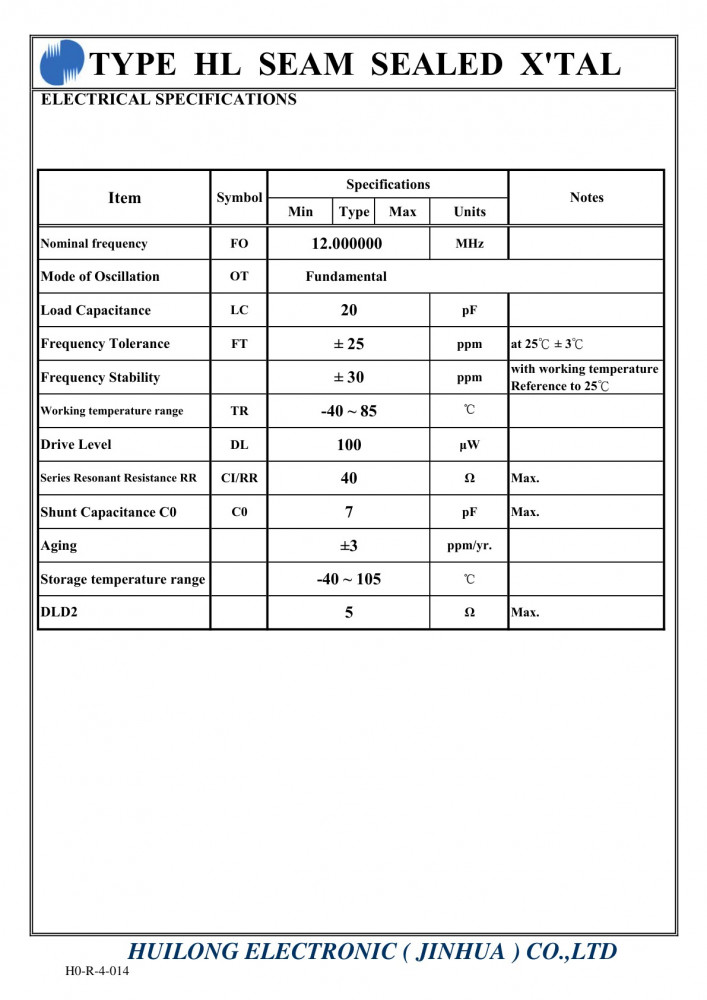 HB12000X002 electrical specifications