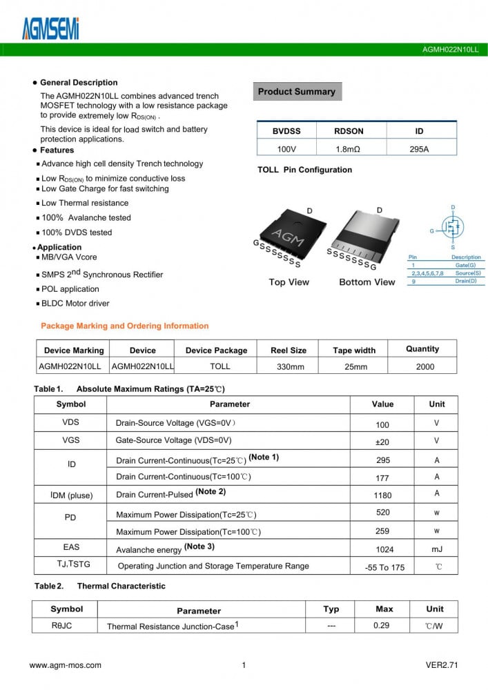 AGMH022N10LL datasheet page 1