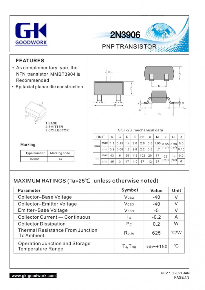 GOODWORK 2N3906 datasheet page 1