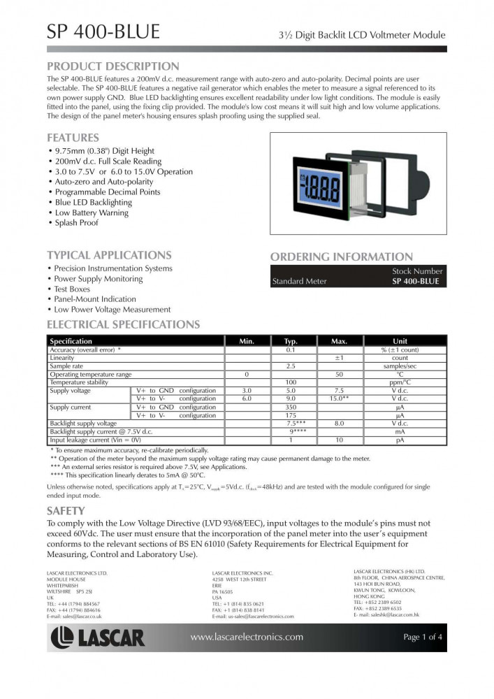 SP 400-BLUE technical document page 1