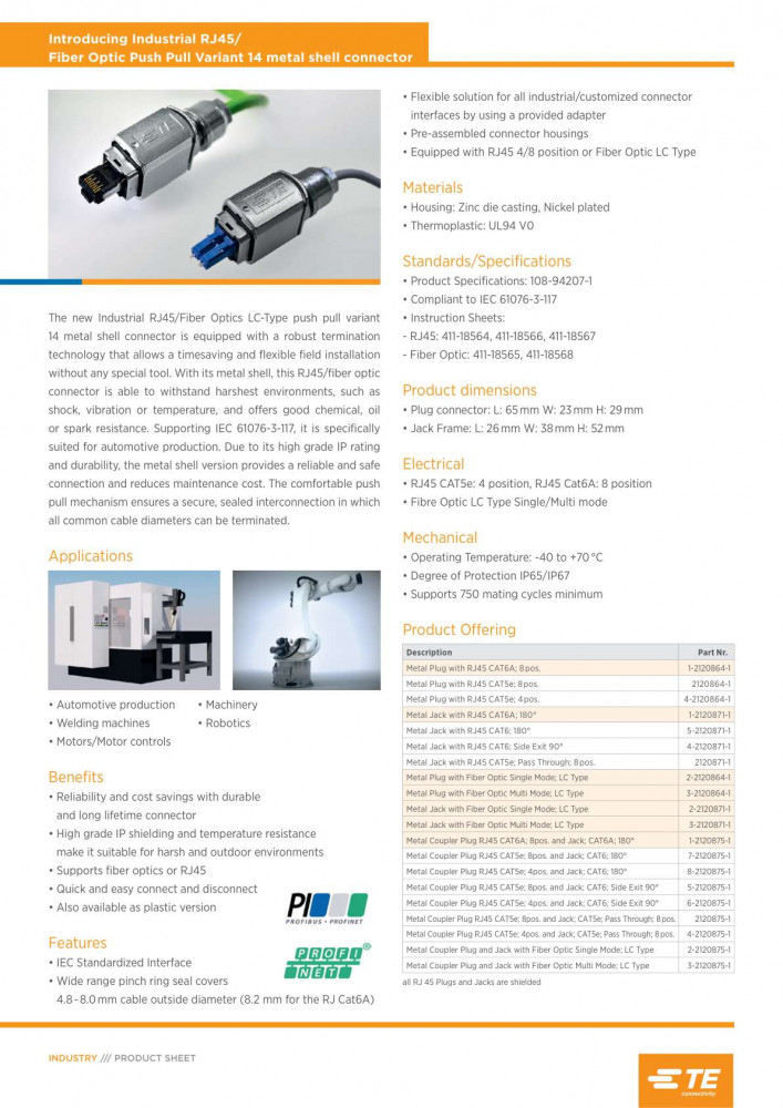 TE Connectivity industrial RJ45 connector documentation page 1