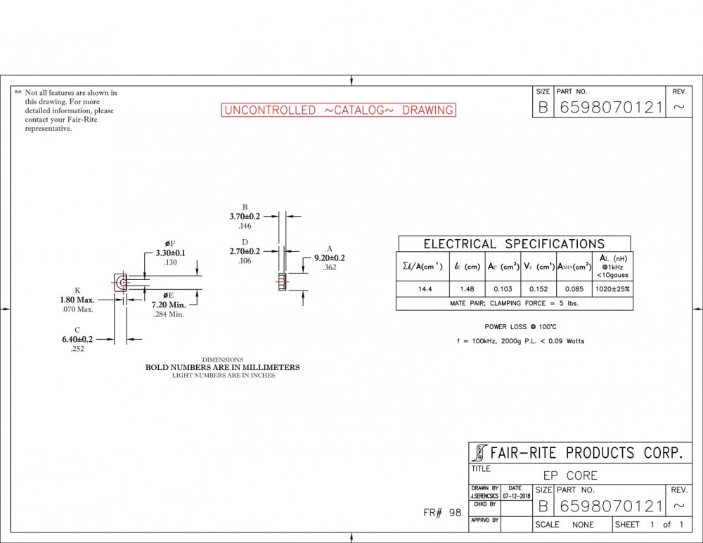 Fair-Rite 6598070121 technical drawing and electrical specification page