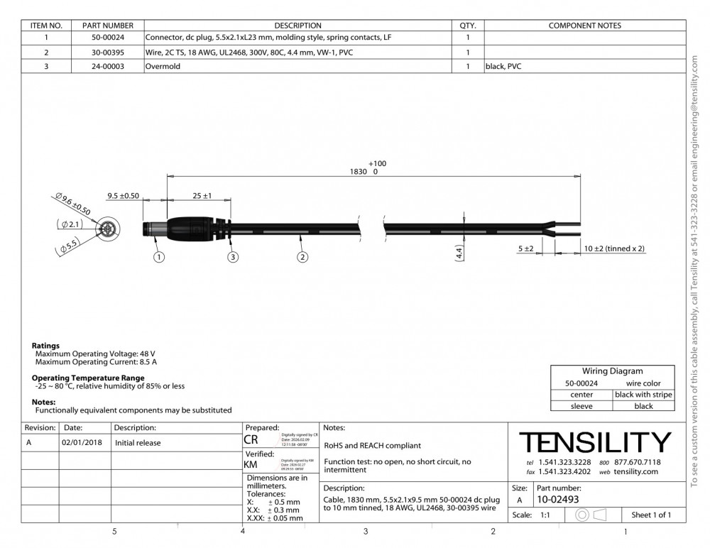 Tensility International drawing for cable assembly model 10-02493