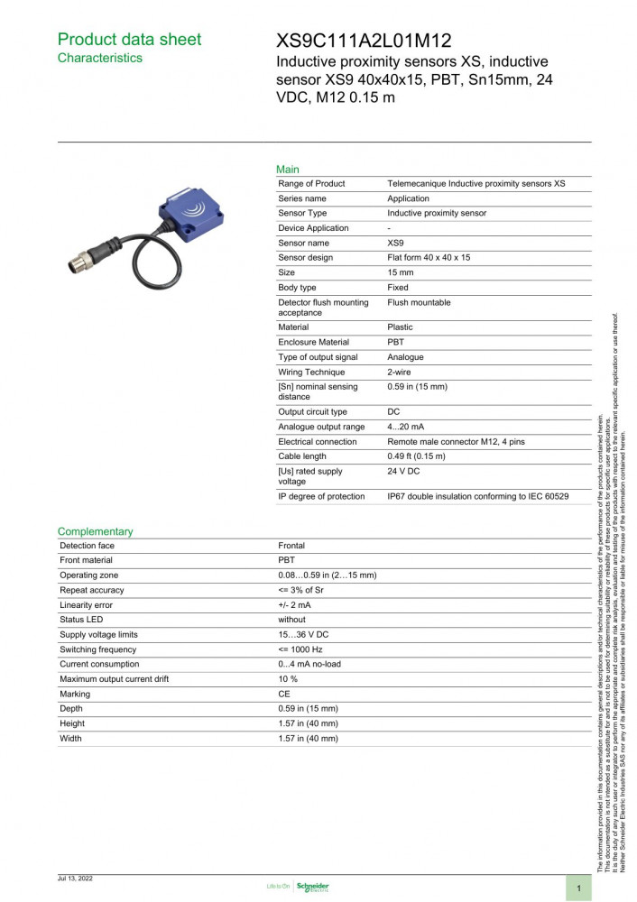XS9C111A2L01M12 technical document page 1