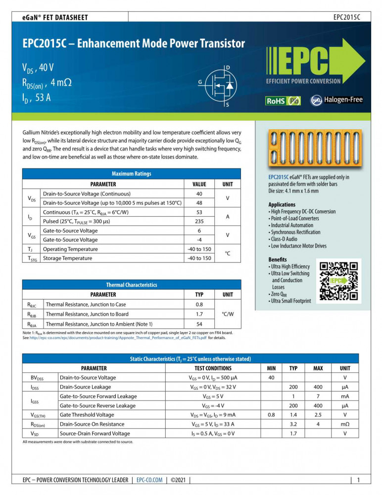 EPC2015C datasheet page 1