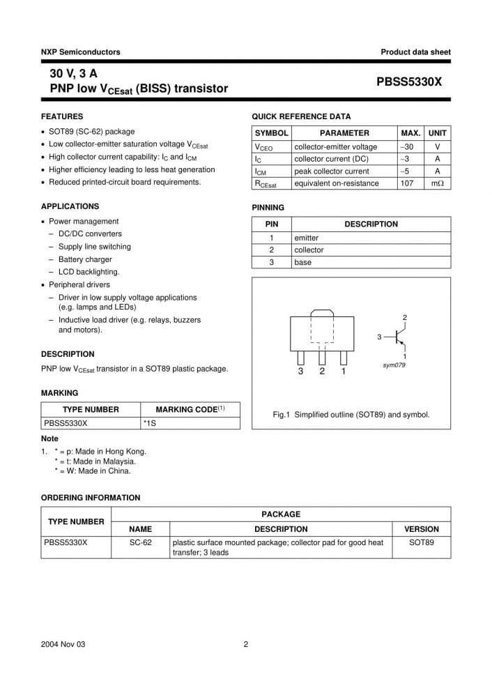 PBSS5330X datasheet page 3