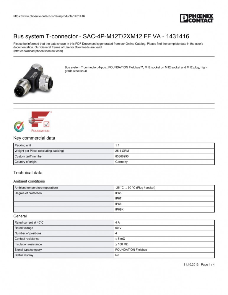 Phoenix Contact 1431416 technical document page 1