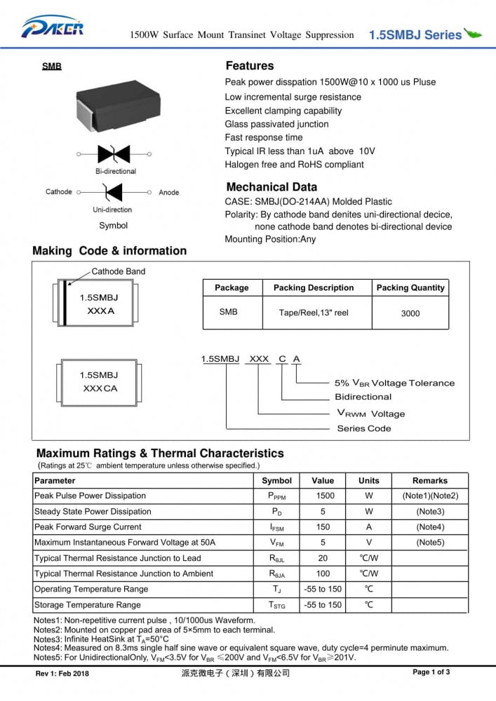 PAKER 1.5SMBJ series datasheet page 1