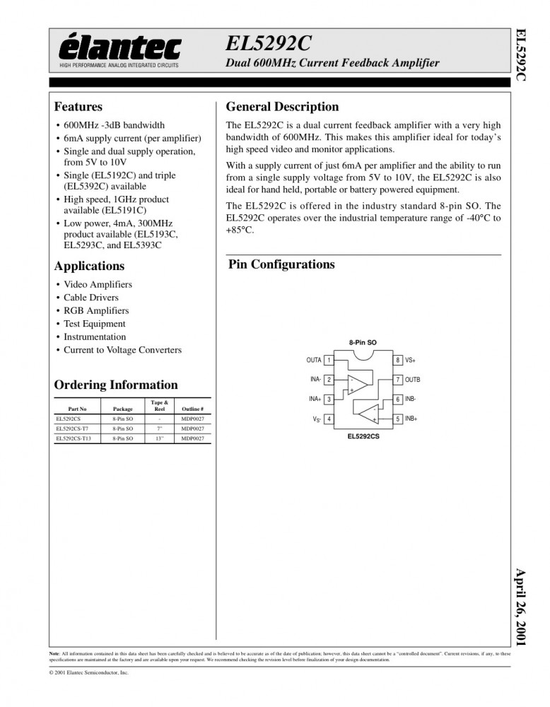 EL5292CS datasheet page 1