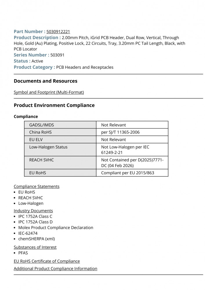 MOLEX 5030912221 product documentation image 1