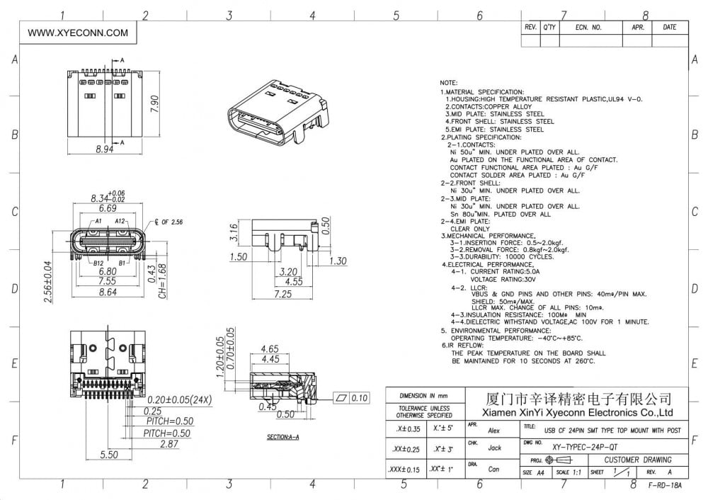 XY-TYPEC-24P-QT technical drawing page 1