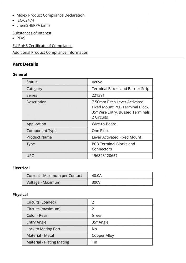 Technical document page 2 for product 2213910002