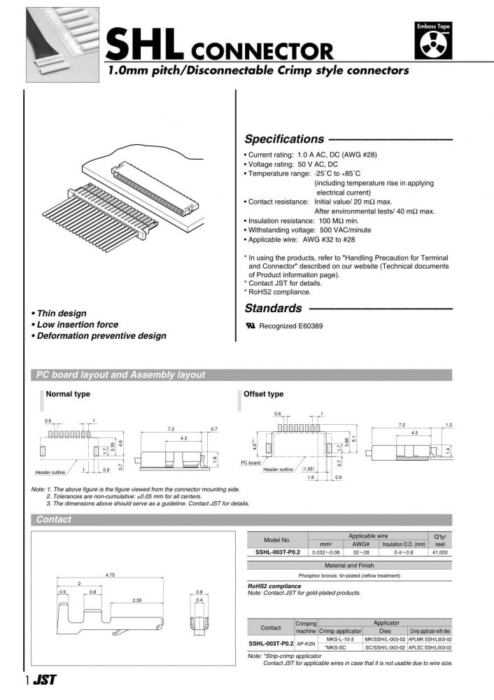 JST SHL connector technical document page 1