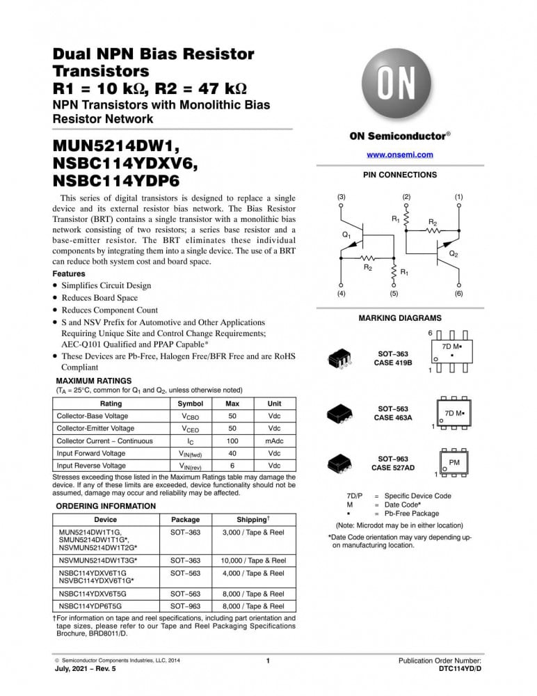 NSVBC114YDXV6T1G datasheet page 1