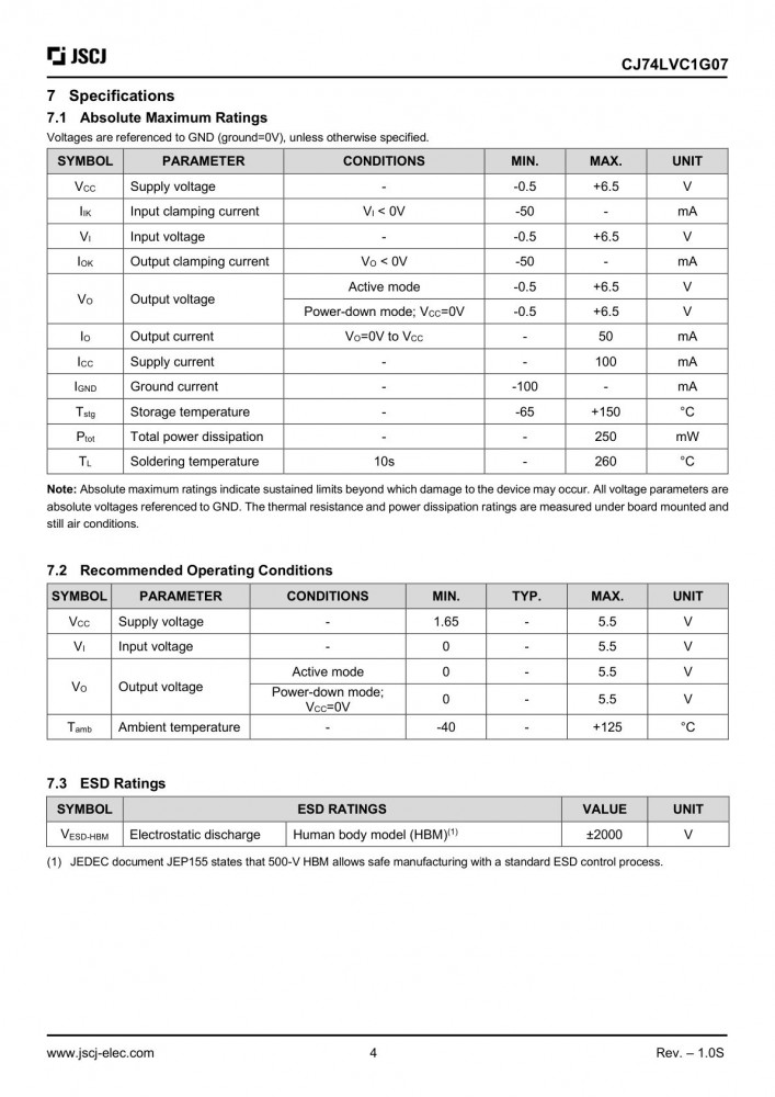 CJ74LVC1G07 technical document page 4