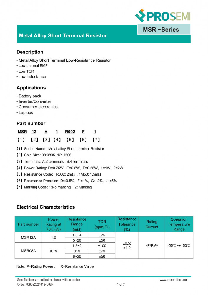 MSR12A1R009F2 technical document page 1
