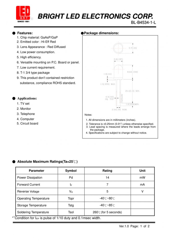 BL-B4534-1-L datasheet page 1