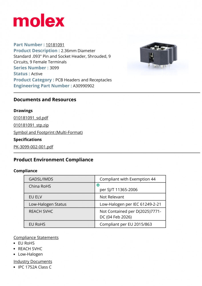 Molex 10181091 document page 1