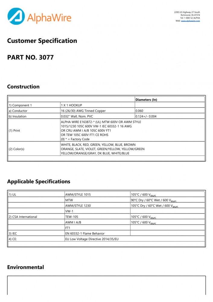 Alpha Wire 3077 specification page 1
