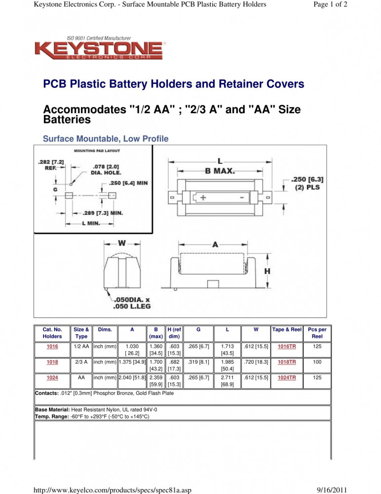 LEA NETWORKS battery holder and retainer cover technical document, page 1