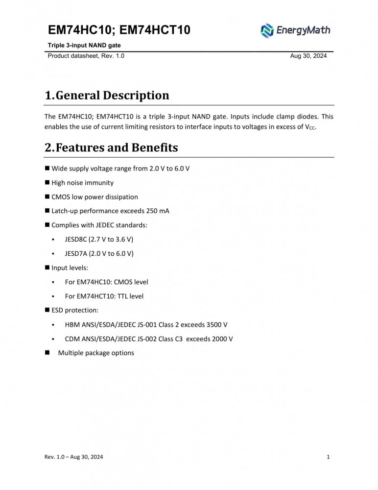 EM74HC10D datasheet page 1