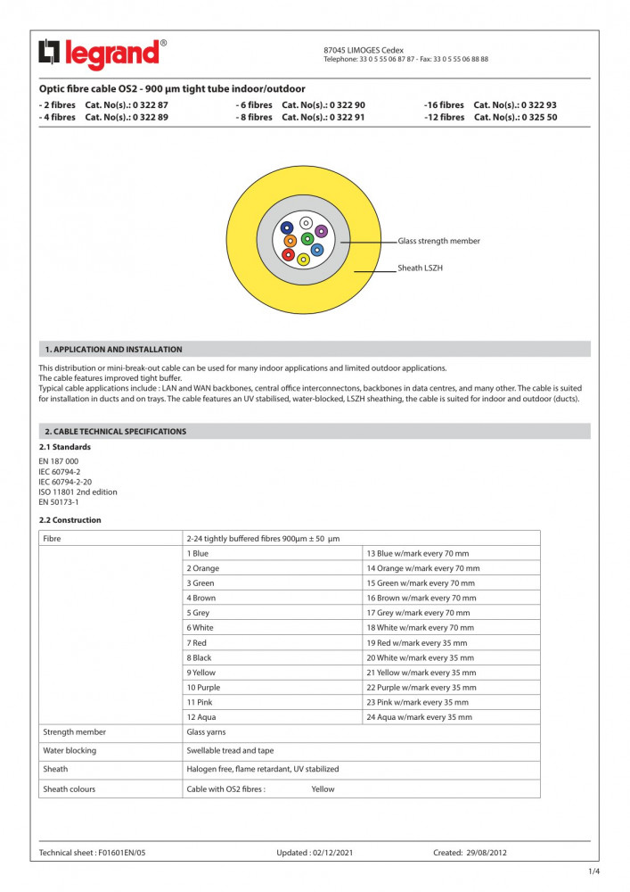 Legrand OS2 fibre cable technical document, page 1