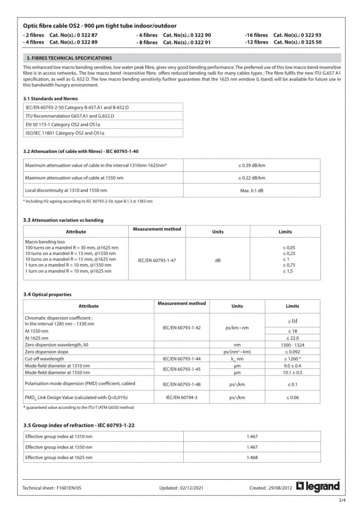 Legrand OS2 fibre cable technical document, page 3