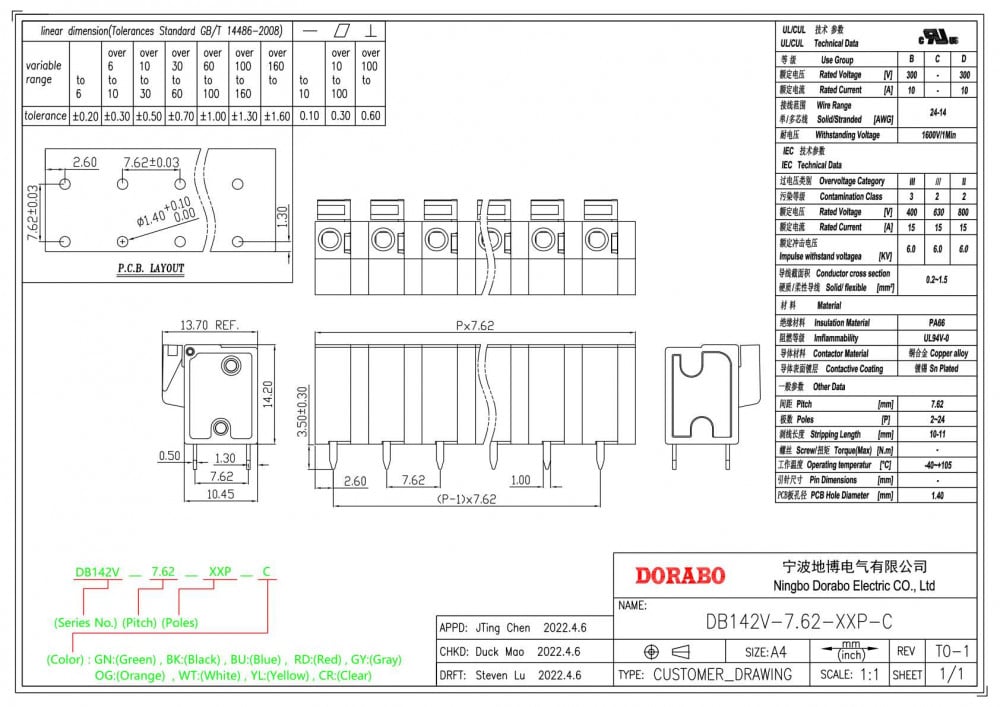 DORABO DB142V-7.62-4P-GN technical drawing and PCB layout