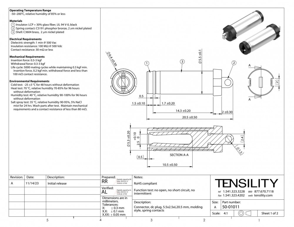 Tensility 50-01011 product drawing, page 1