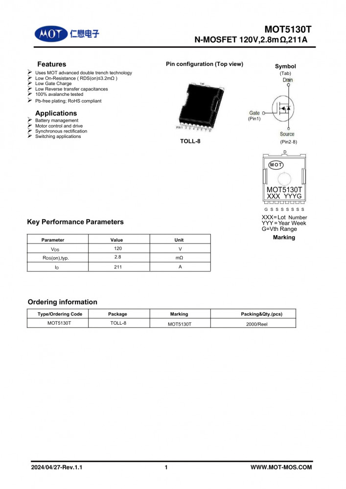 MOT5130T datasheet page 1