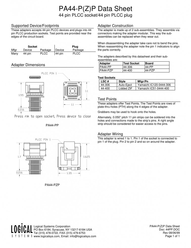 PA44-PZP datasheet page showing 44-pin PLCC adapter information