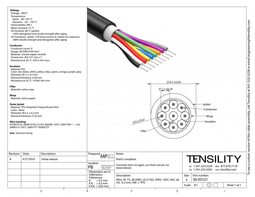 Tensility International 30-03121 cable specification drawing
