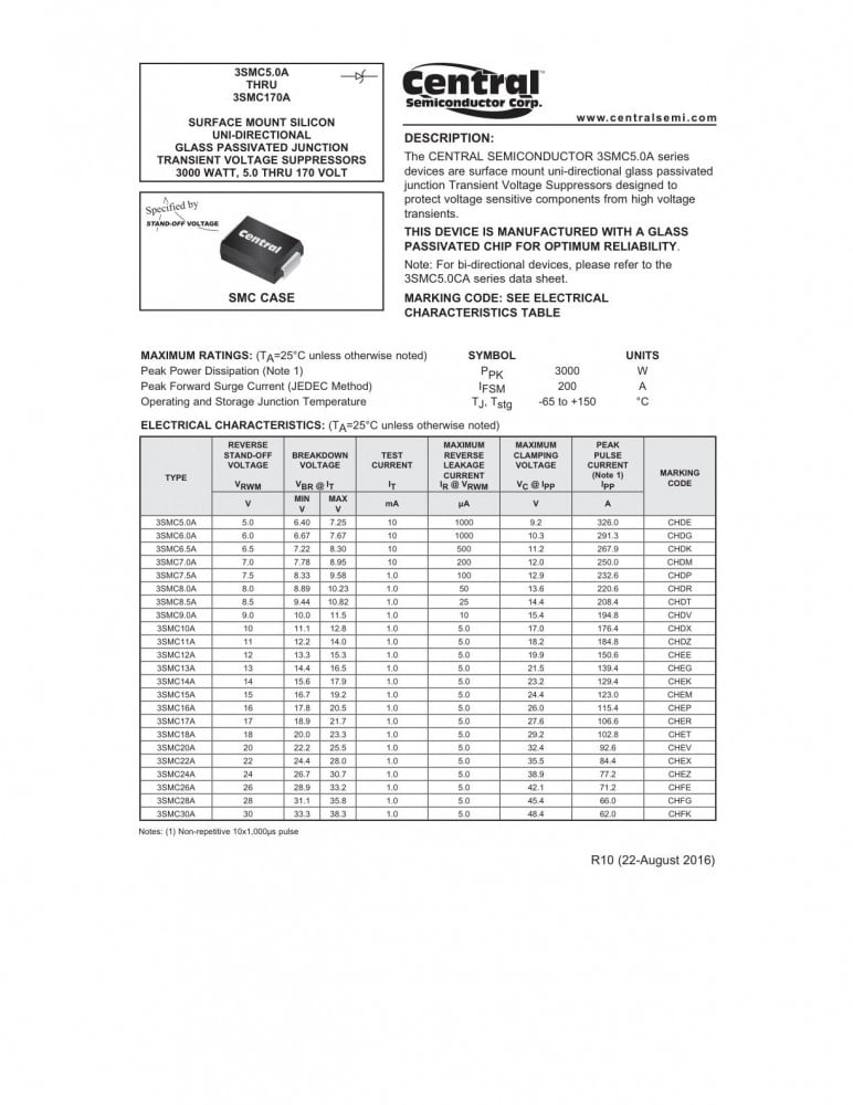 Central 3SMC TVS datasheet page 1