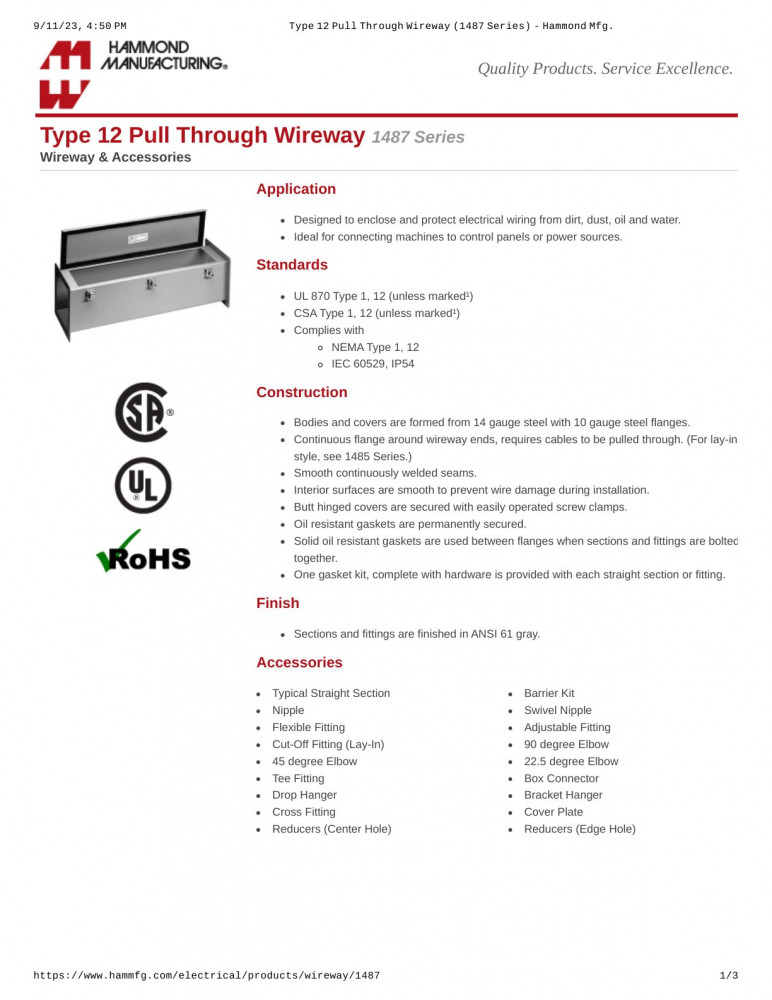 Hammond 1487 series documentation page 1