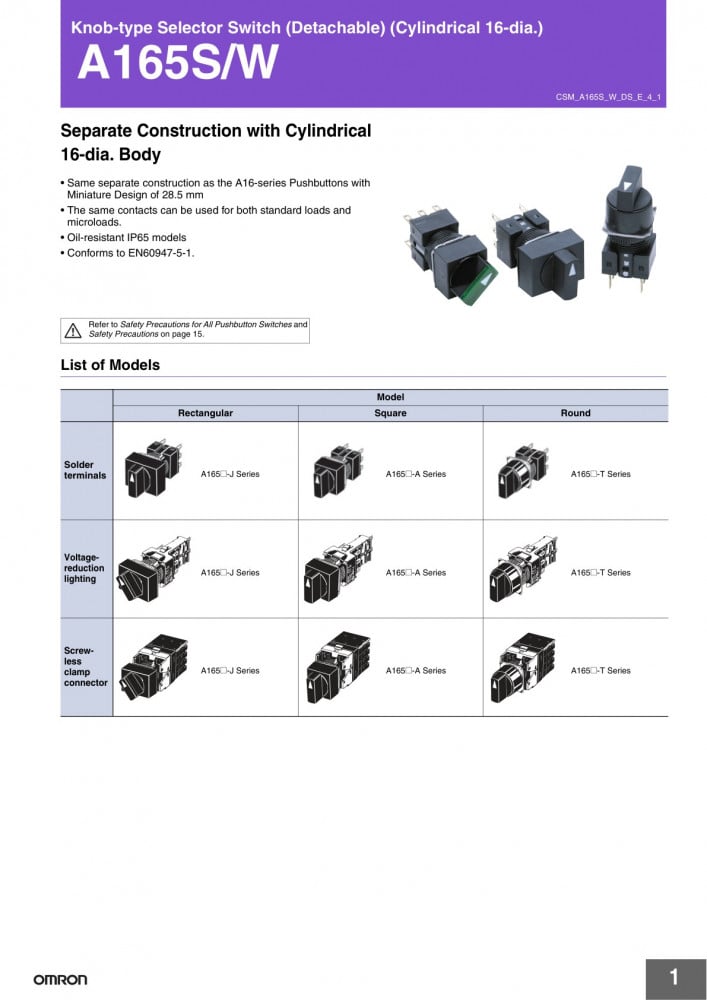 OMRON A165W-T2MY datasheet page 1