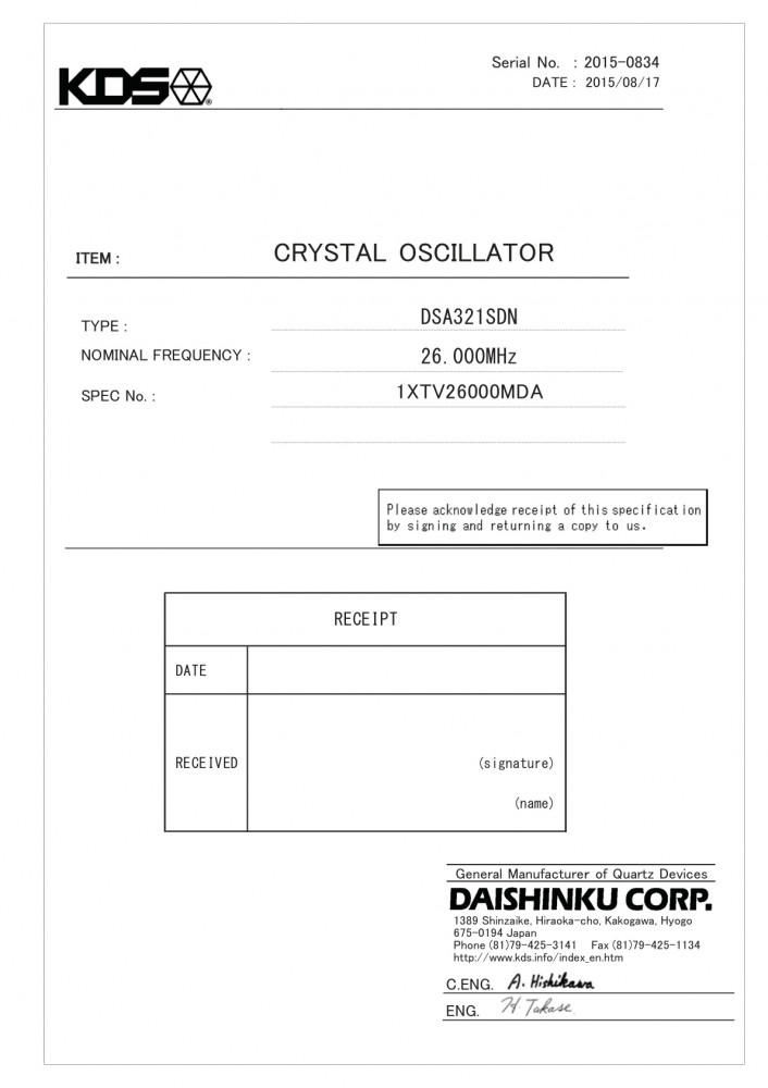 KDS 1XTV26000MDA specification page 1