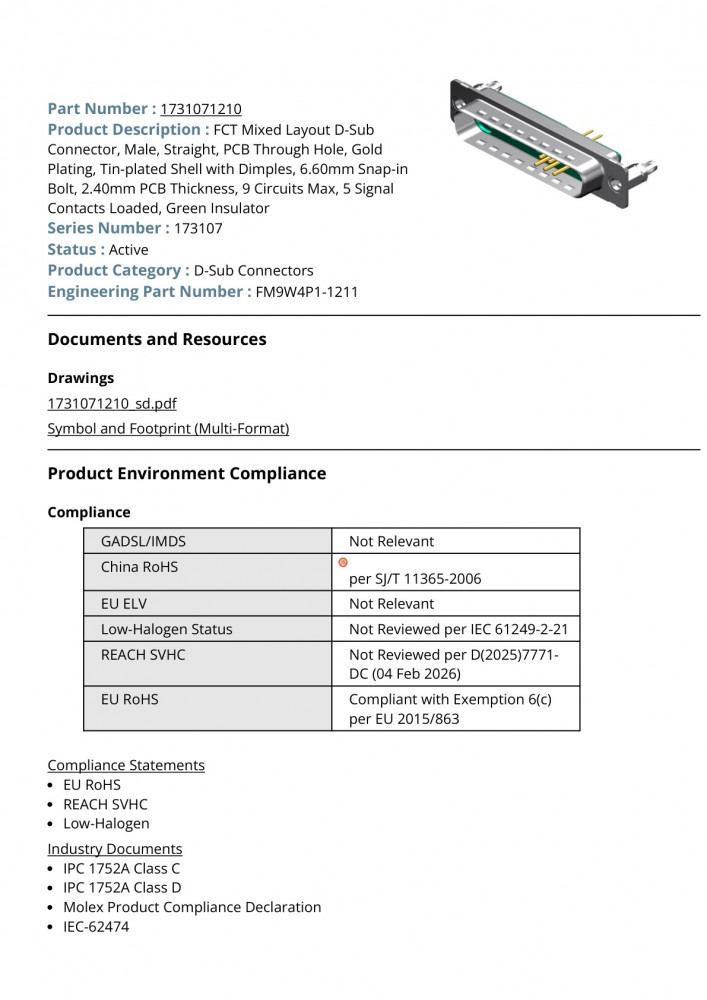 MOLEX 1731071210 product drawing, page 1