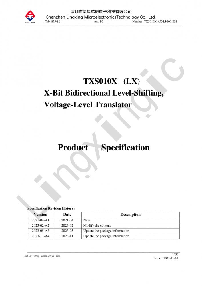 TXS010X datasheet page 1